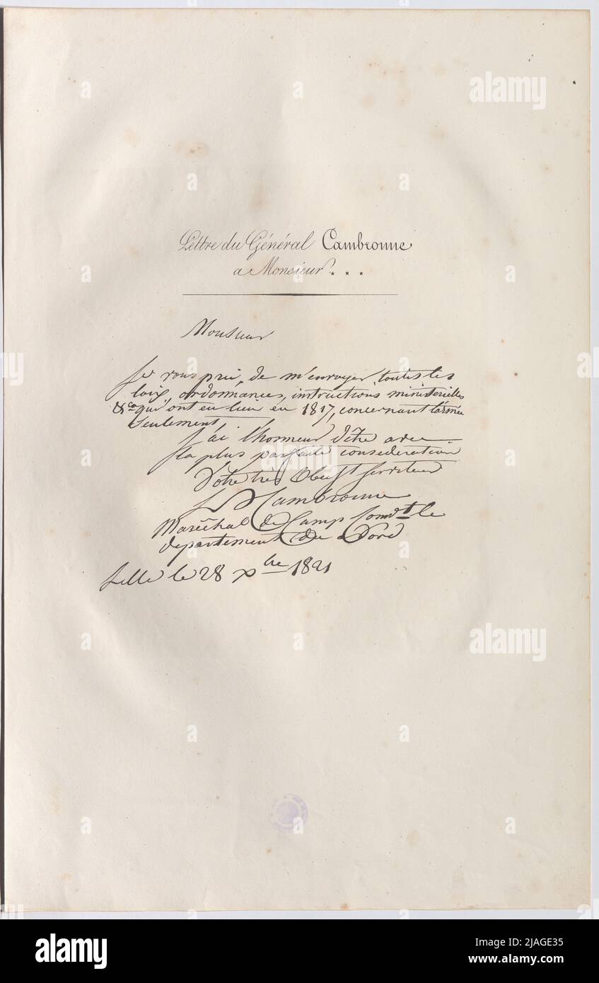Letter from General Cambronne to Monsieur ... (sic!) ". Brief von ...