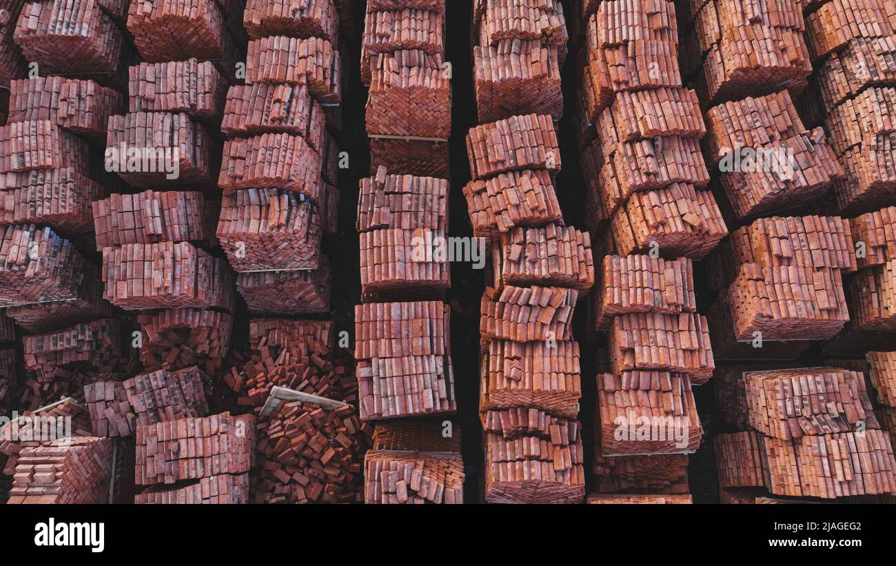 Pallets of bricks for construction. Outdoor storage. Warehousing of ...
