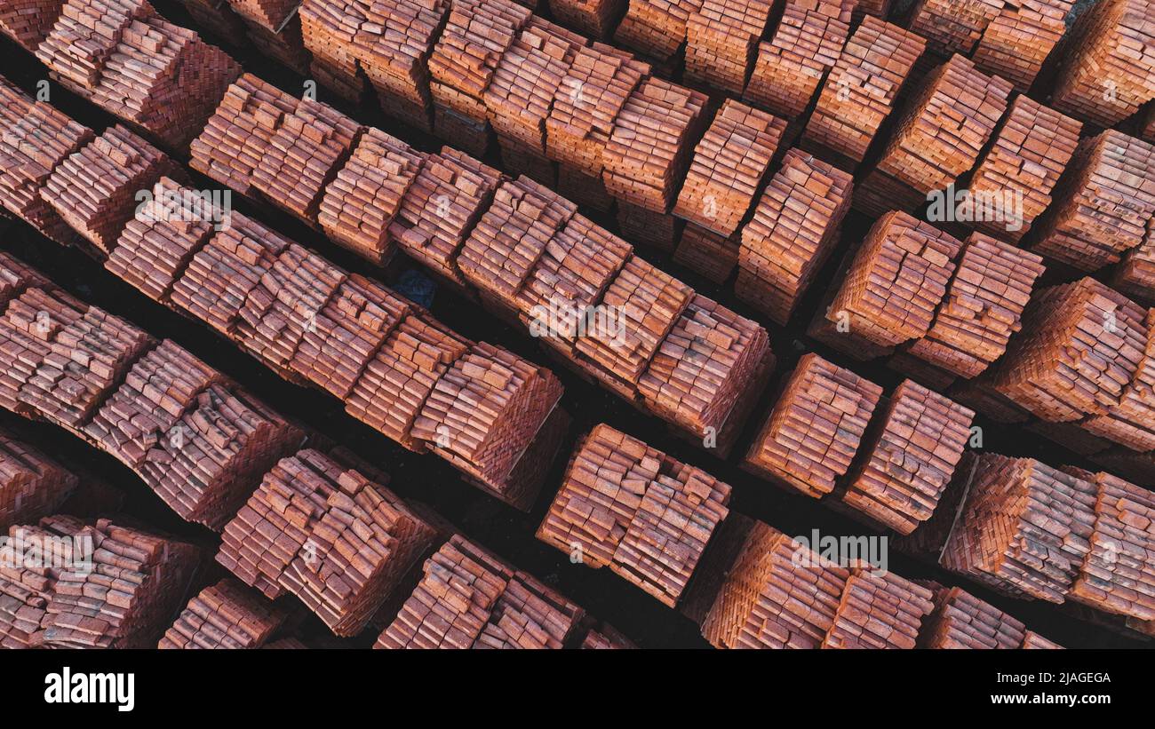 Pallets of bricks for construction. Outdoor storage. Warehousing of ...