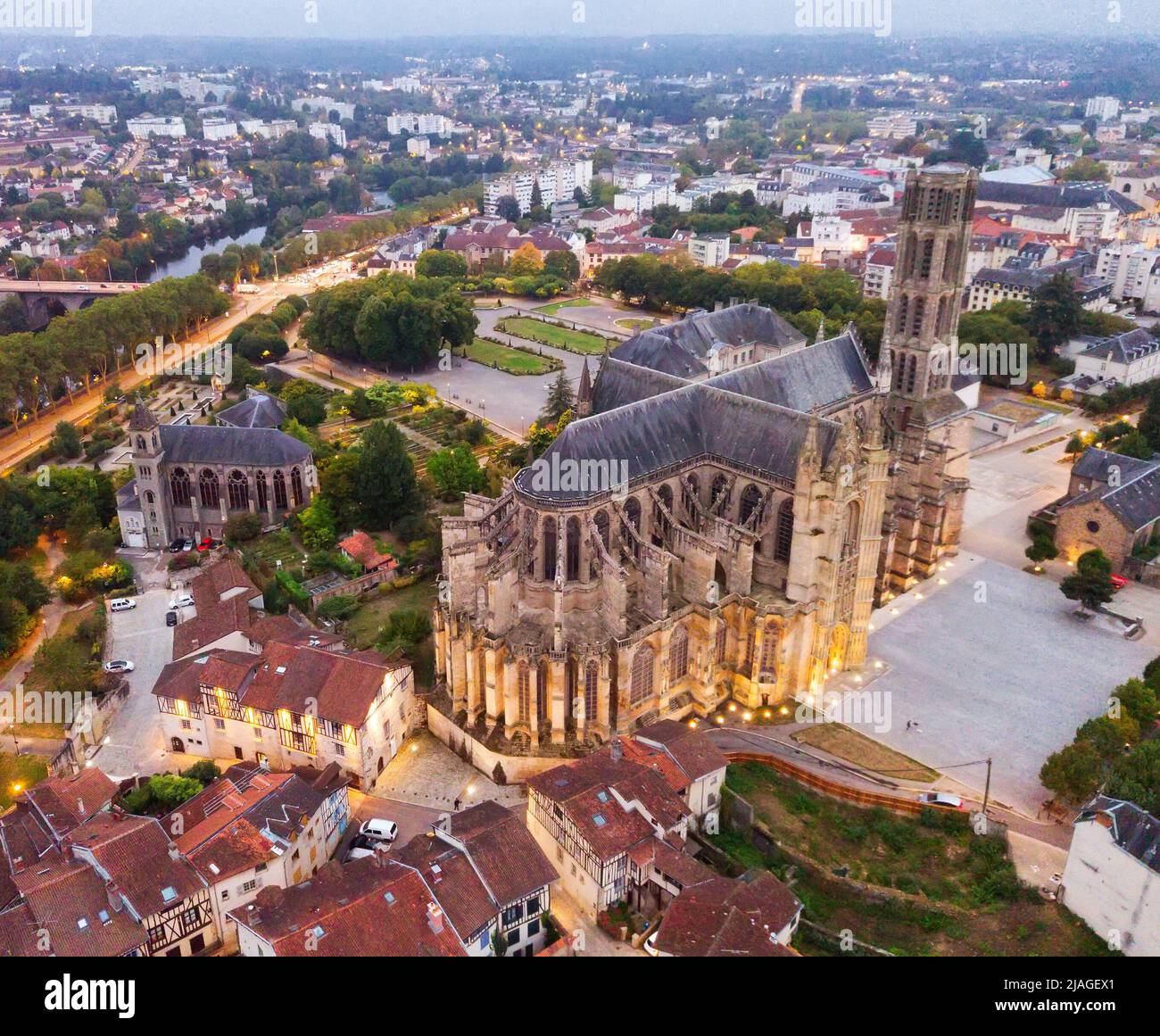 Aerial view of landmark of famous cathedral in Limoges cityilluminated ...