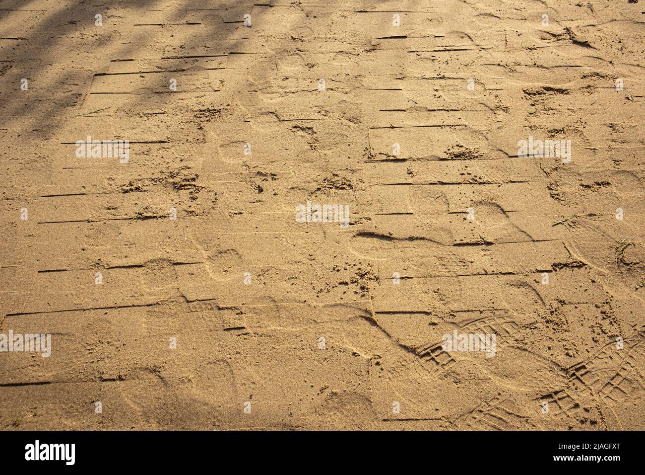 Shoe sole print on wet sand, sunny day in nature, shape and texture ...