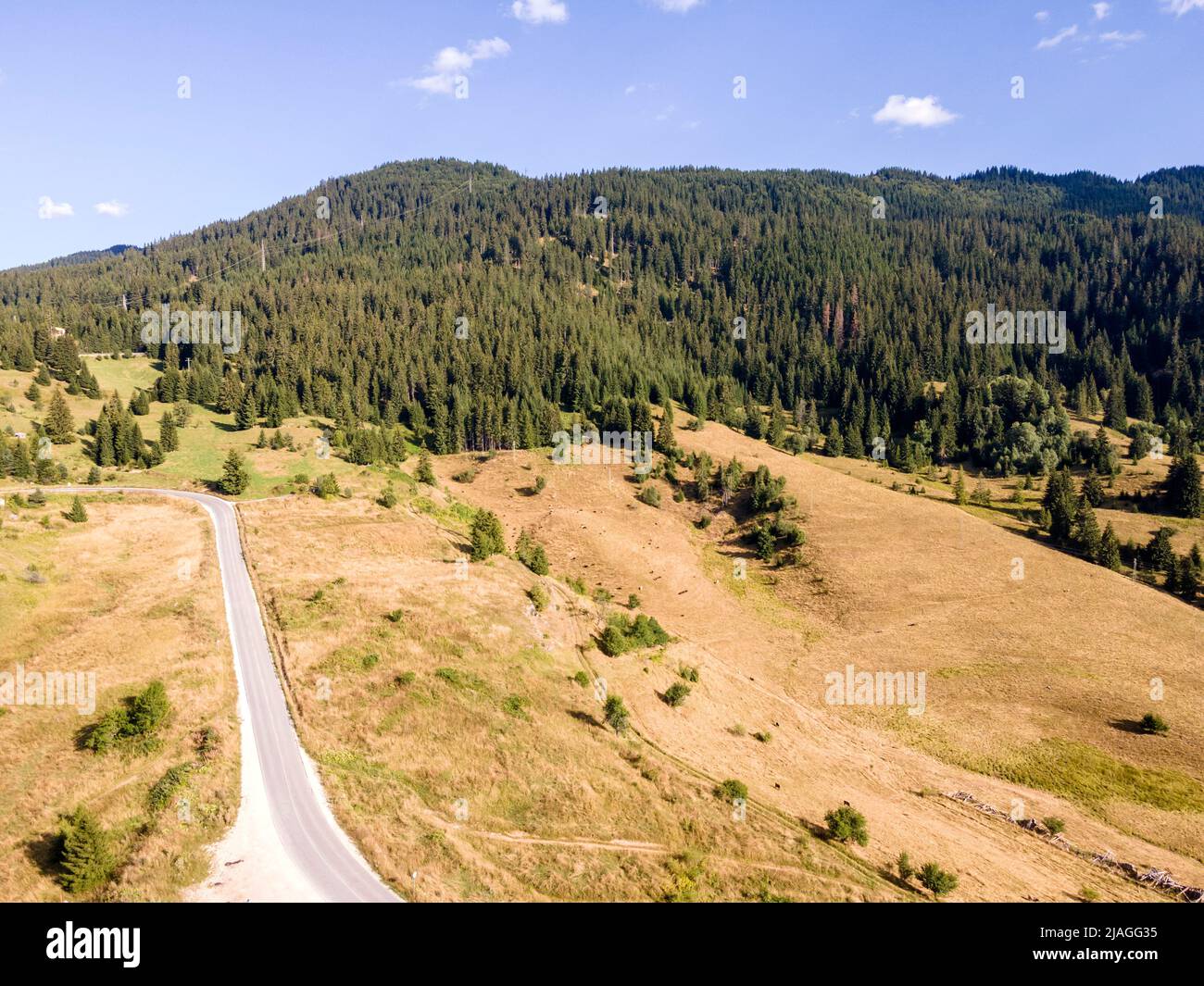 Aerial view of Rhodope Mountains and village of Stoykite near resort of ...