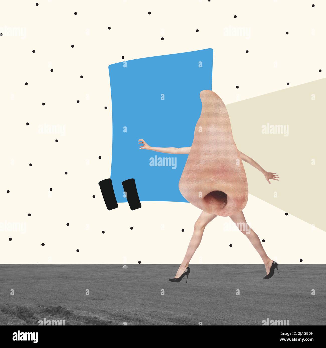 Contemporary art collage. Big nose on slender female legs walking in ...