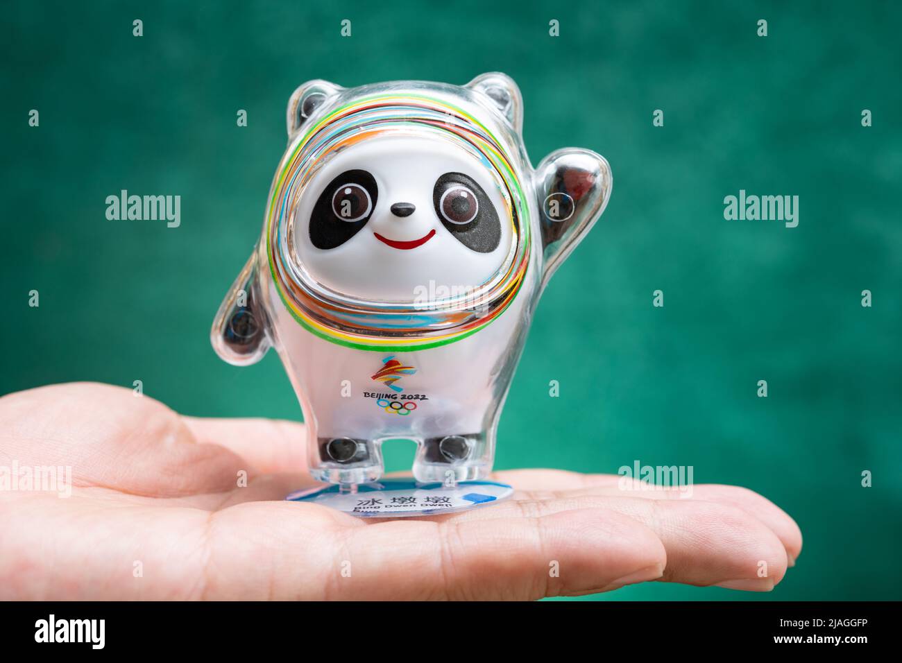 ZHONGSHAN China-May 25,2022:hand holding a mascot for 2022 BeiJing ...