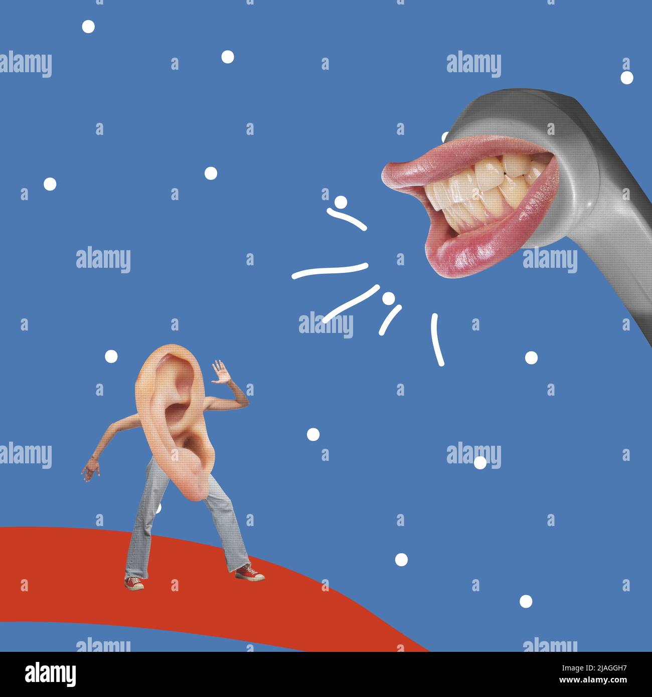 Contemporary art collage. Human ear on female legs listening to loudly ...