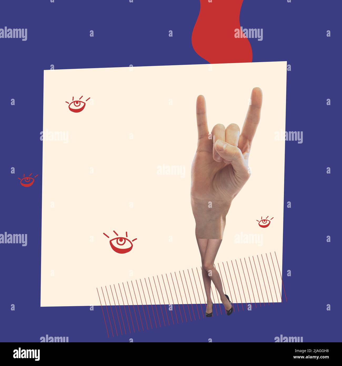 Contemporary art collage. Human hand with finger symbol on female legs ...