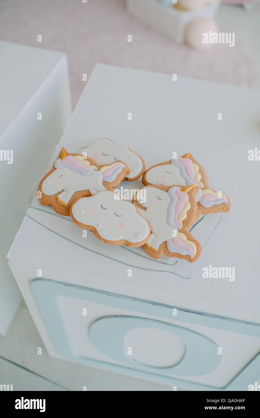 festive children's sweet birthday gingerbread in pastel colors Stock ...