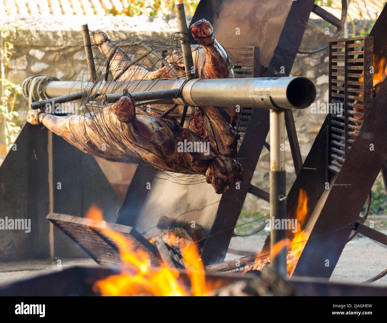 Whole bull on spit Stock Photo - Alamy