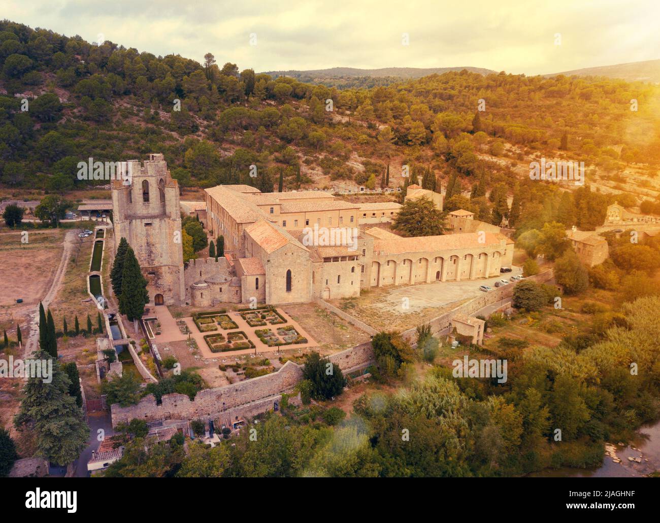 Aerial view of Abbey Sainte-Marie, Lagrasse Stock Photo - Alamy