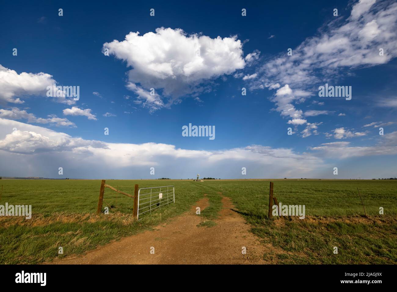 Open farm gate and dirt track that lead to a windmill South Africa ...