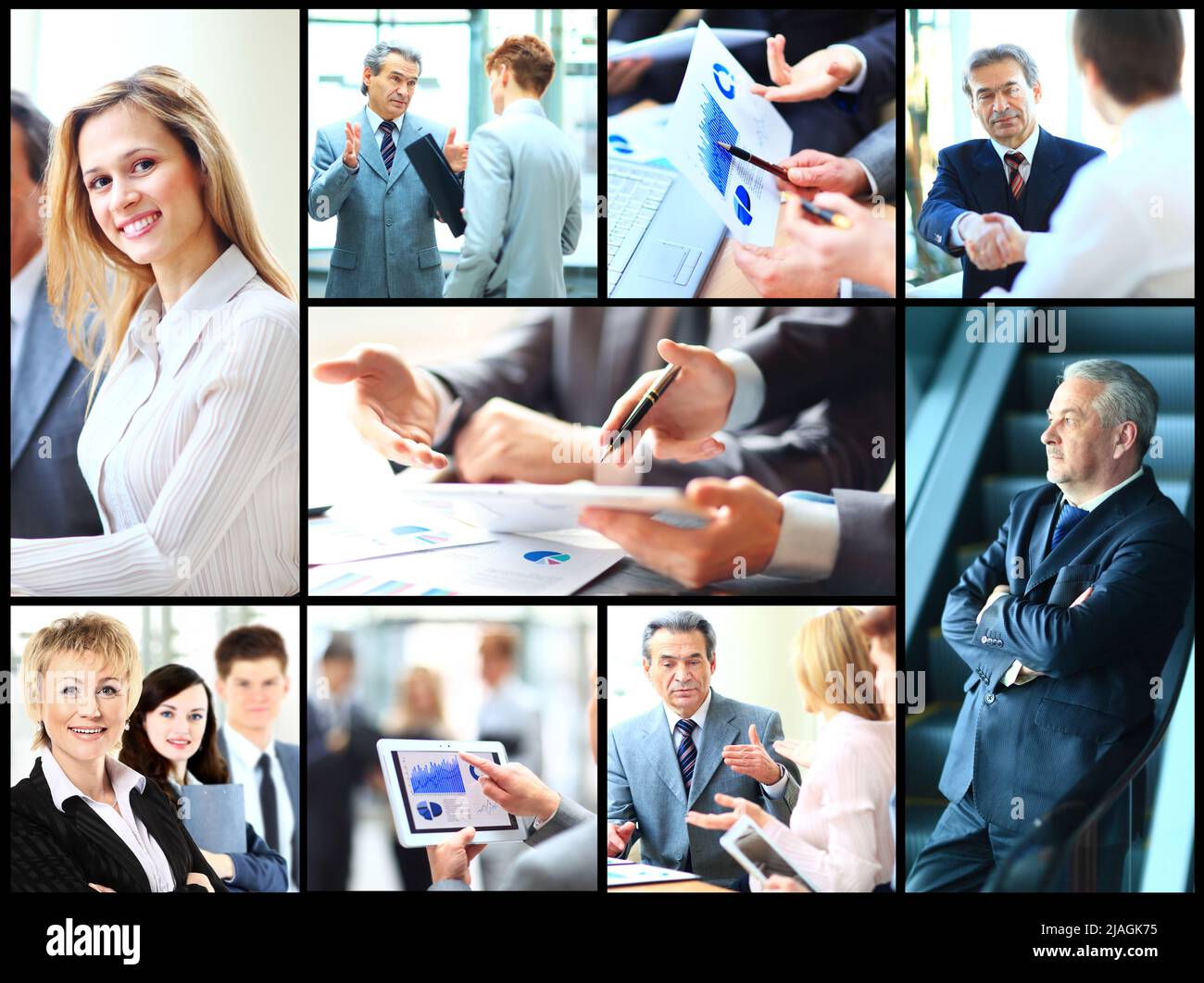 Collage of smart business people at work and hands of companions Stock ...