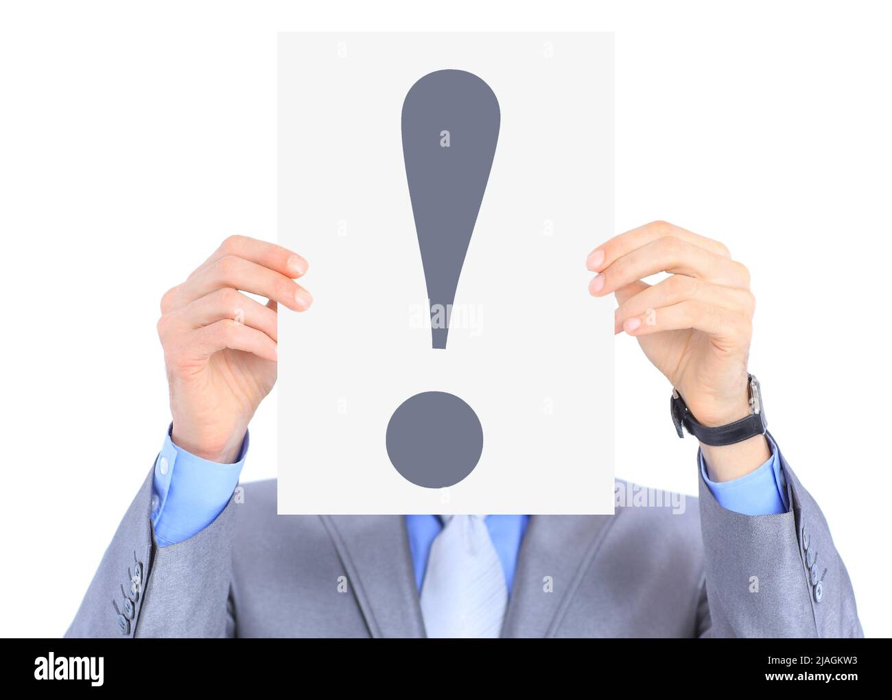 Nice businessman, with a exclamation mark. Isolated on a white ...