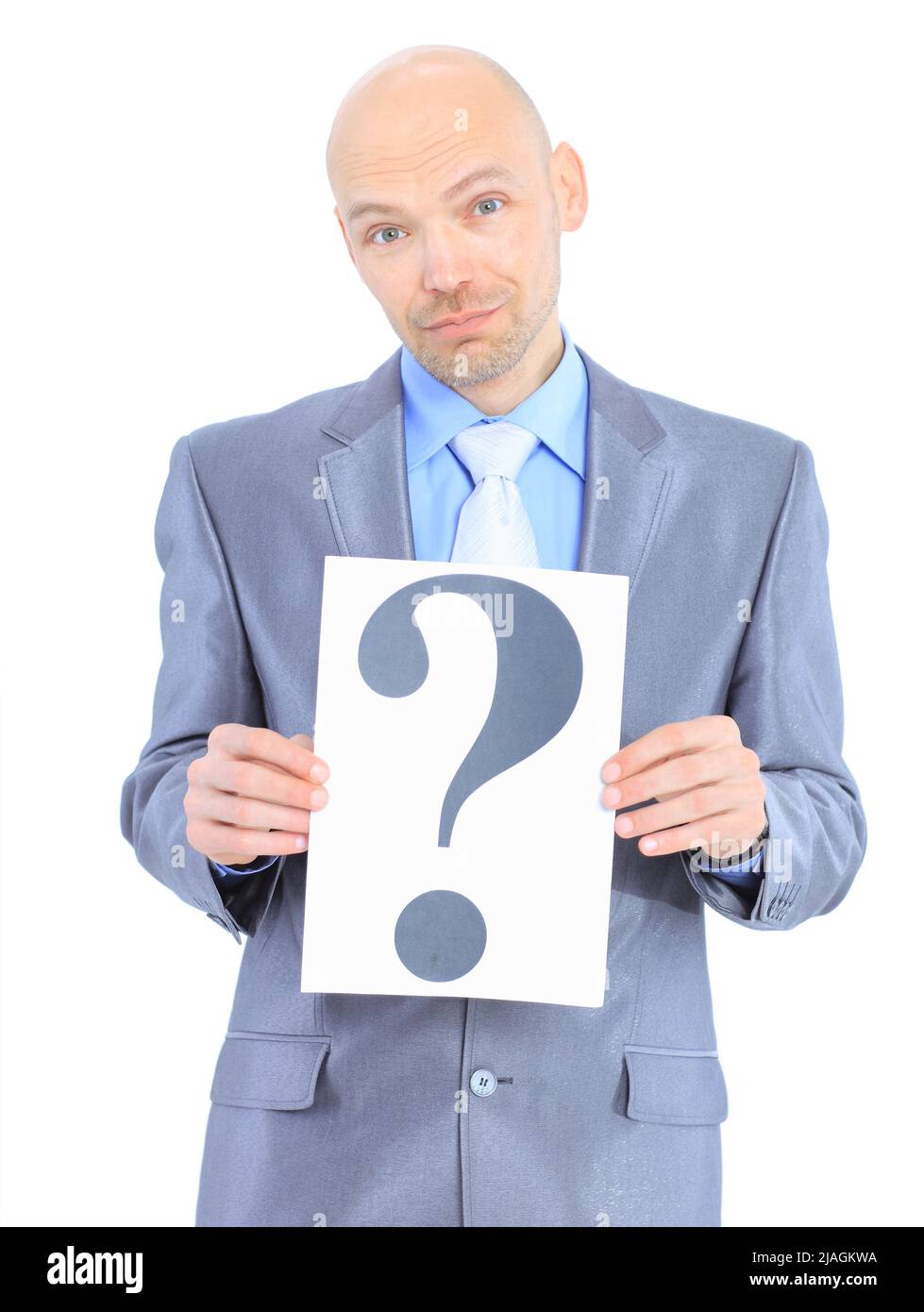 Nice businessman, with a question mark. Isolated on a white background ...