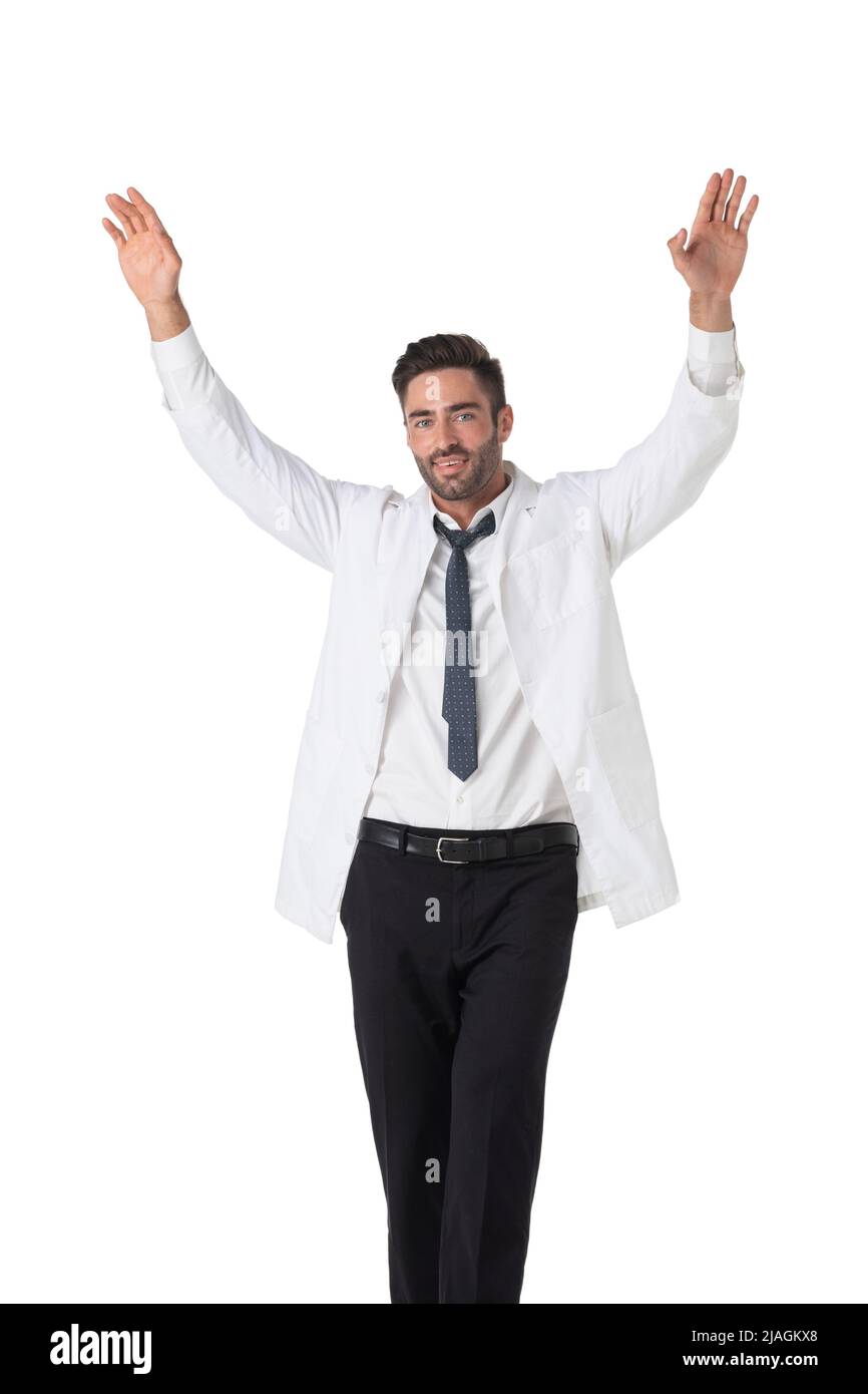 Young male medical doctor with stethoscope with raised arms isolated on ...