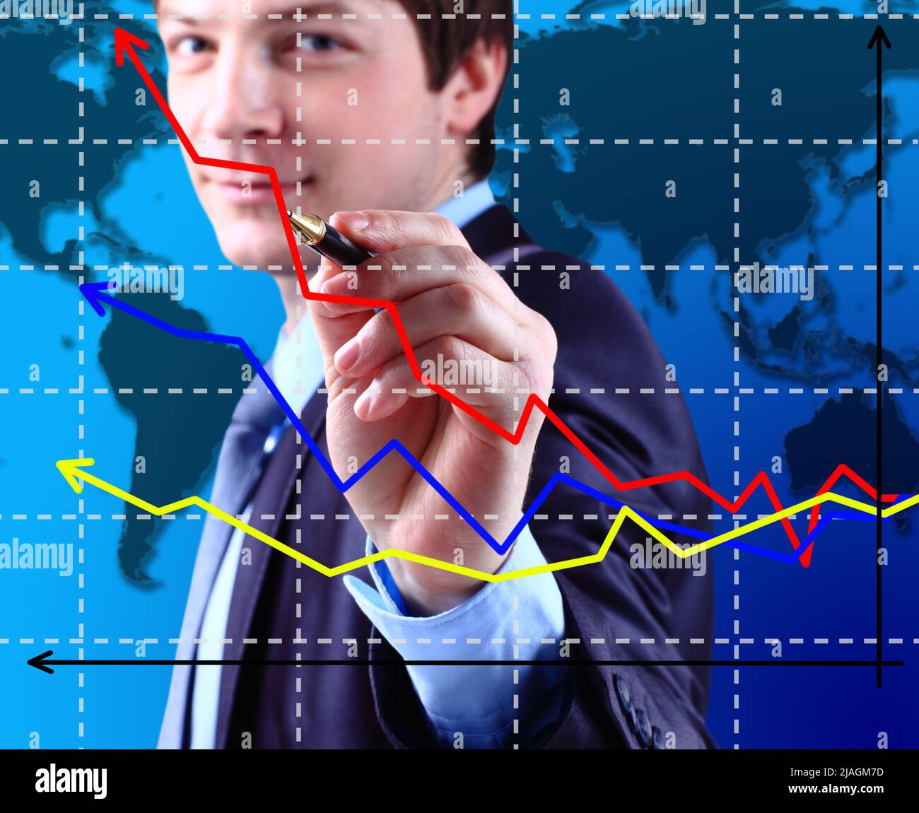 Business Man write graph on transparent digital screen Stock Photo - Alamy