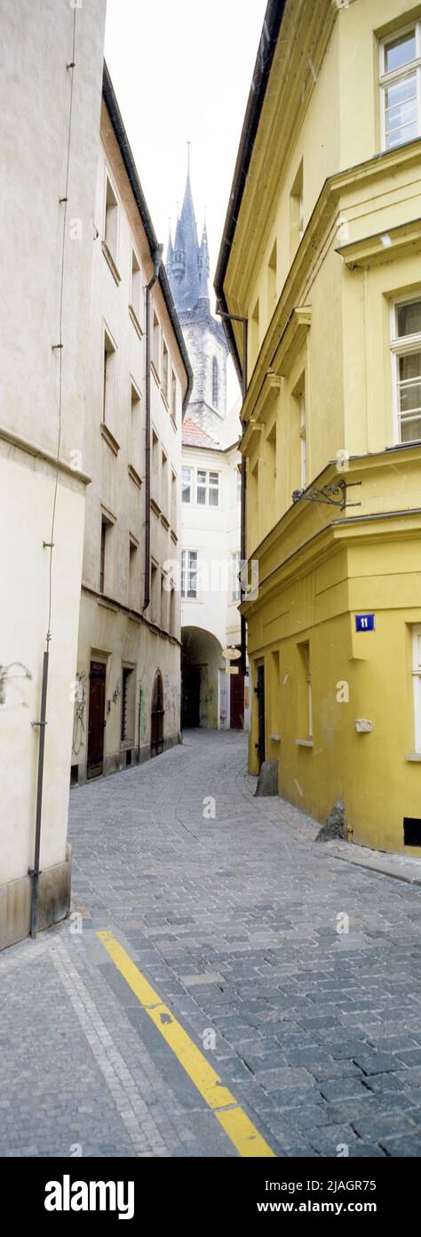 Narrow streets in the centre of Prague during a cold spell in Spring ...