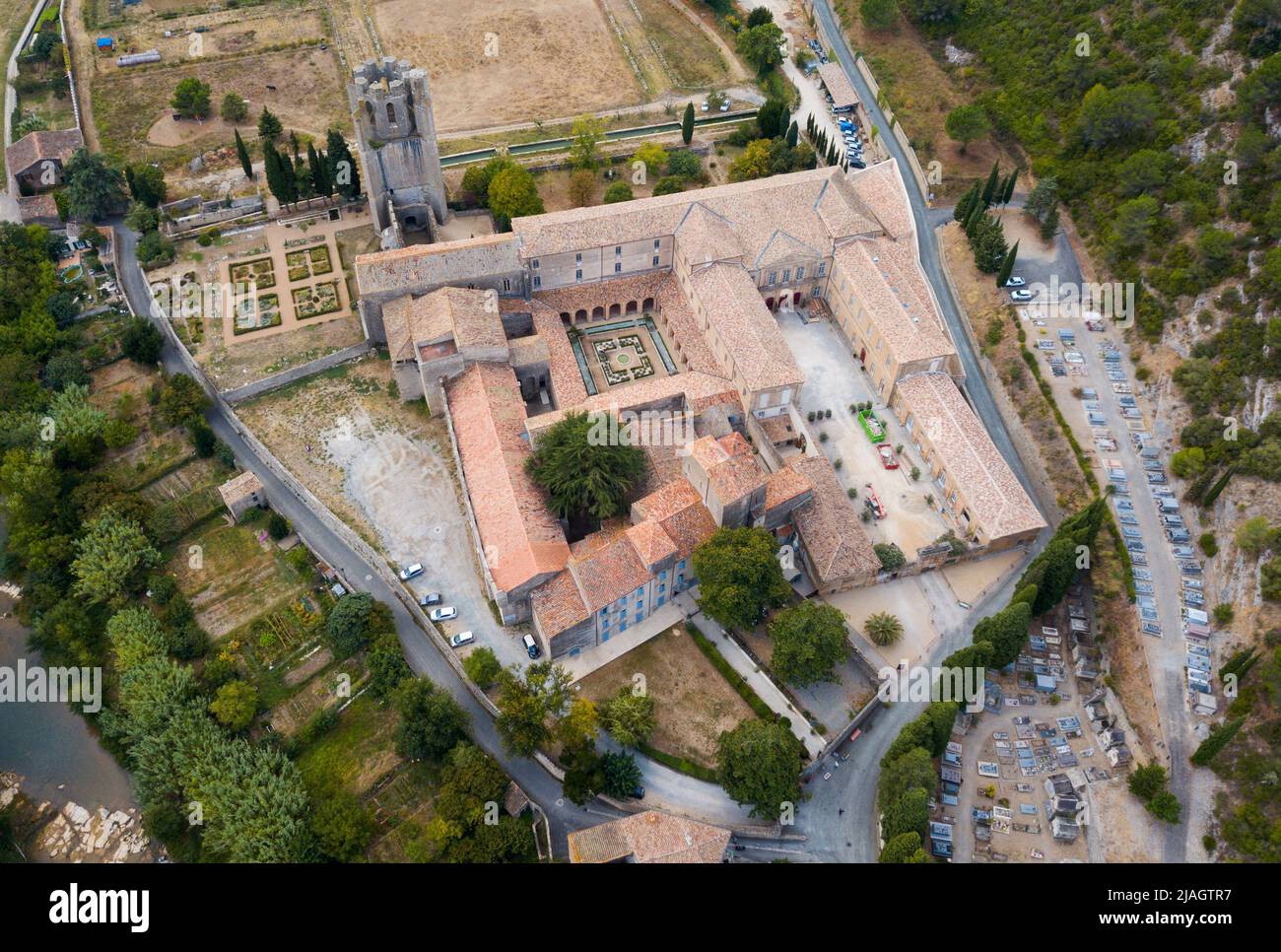 Aerial view of Castle of Abbey Sainte-Marie d'Orbieu in Lagrasse Stock ...