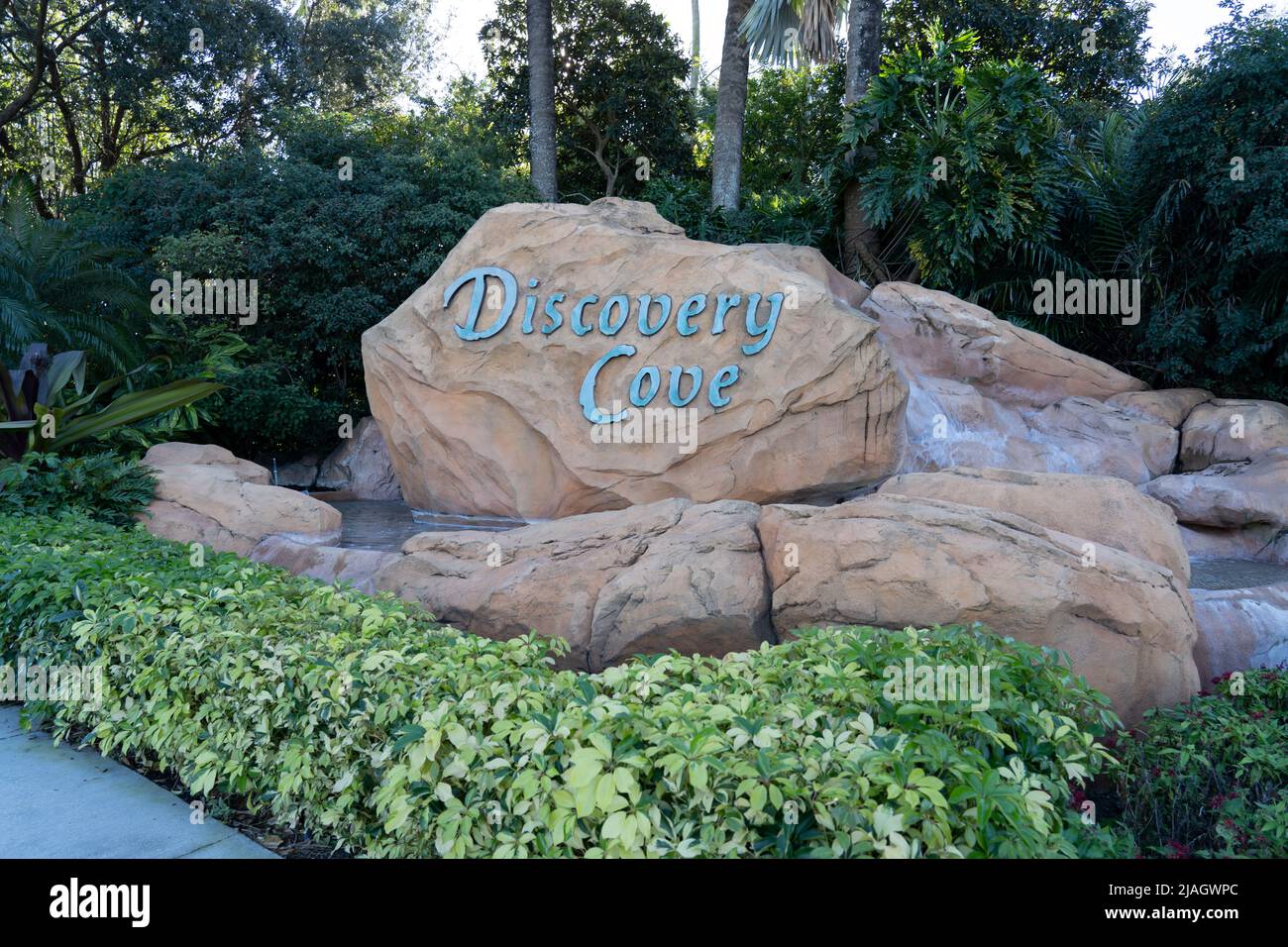 Orlando, FL, USA - January 6, 2022: Discovery Cove sign at entrance in ...