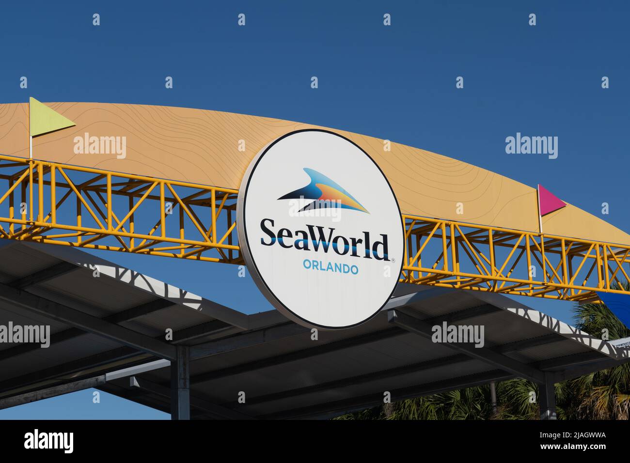 Orlando, Fl, USA - January 6, 2022: A SeaWorld sign at the entrance in ...