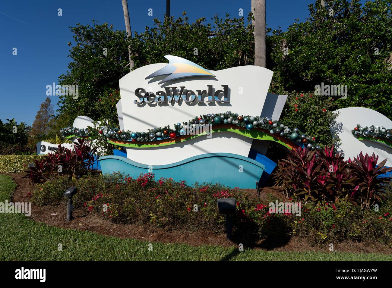 Orlando, FL, USA - January 6, 2022: A SeaWorld sign at the entrance in ...
