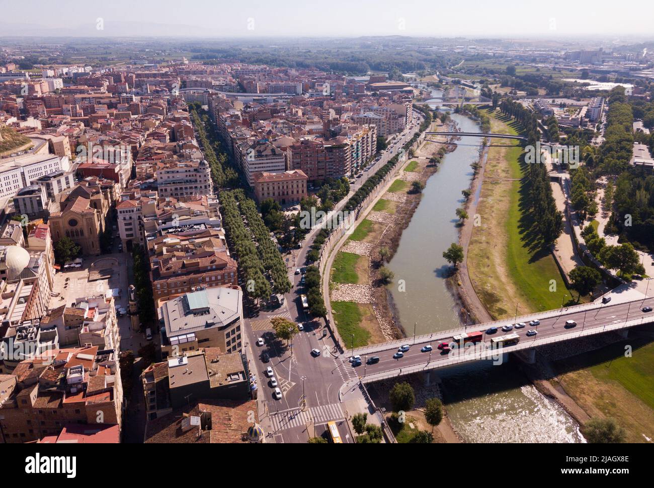 Aerial view of Lleida city with a apartment buildings and river Stock ...