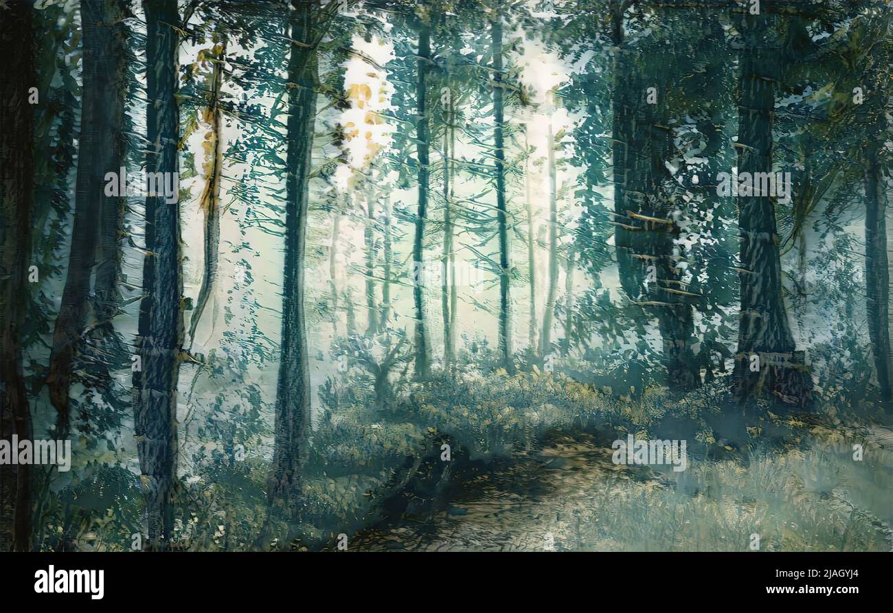 Naturalistic digital illustration; beautiful scenery of enchanted ...