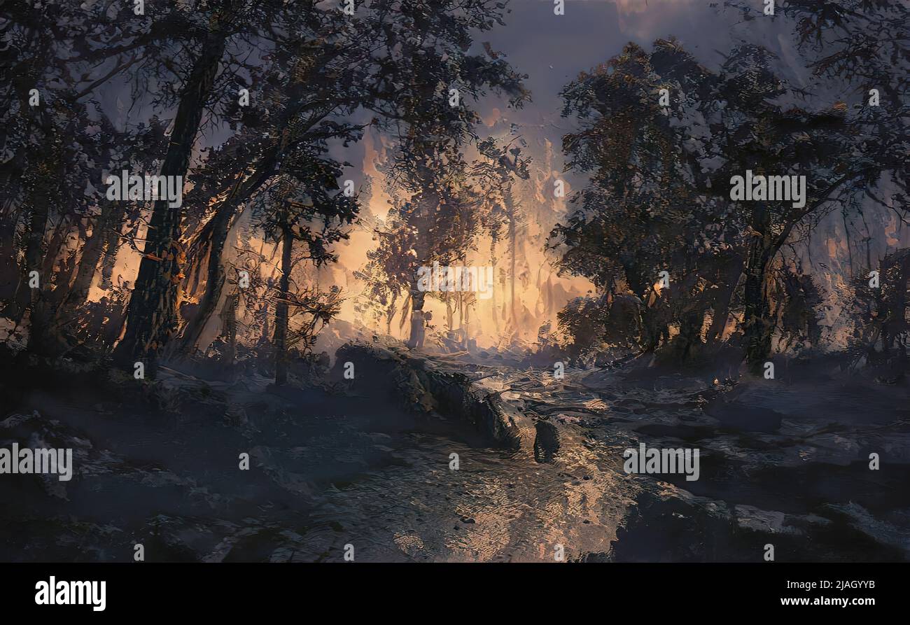 Naturalistic digital illustration; beautiful scenery of enchanted ...