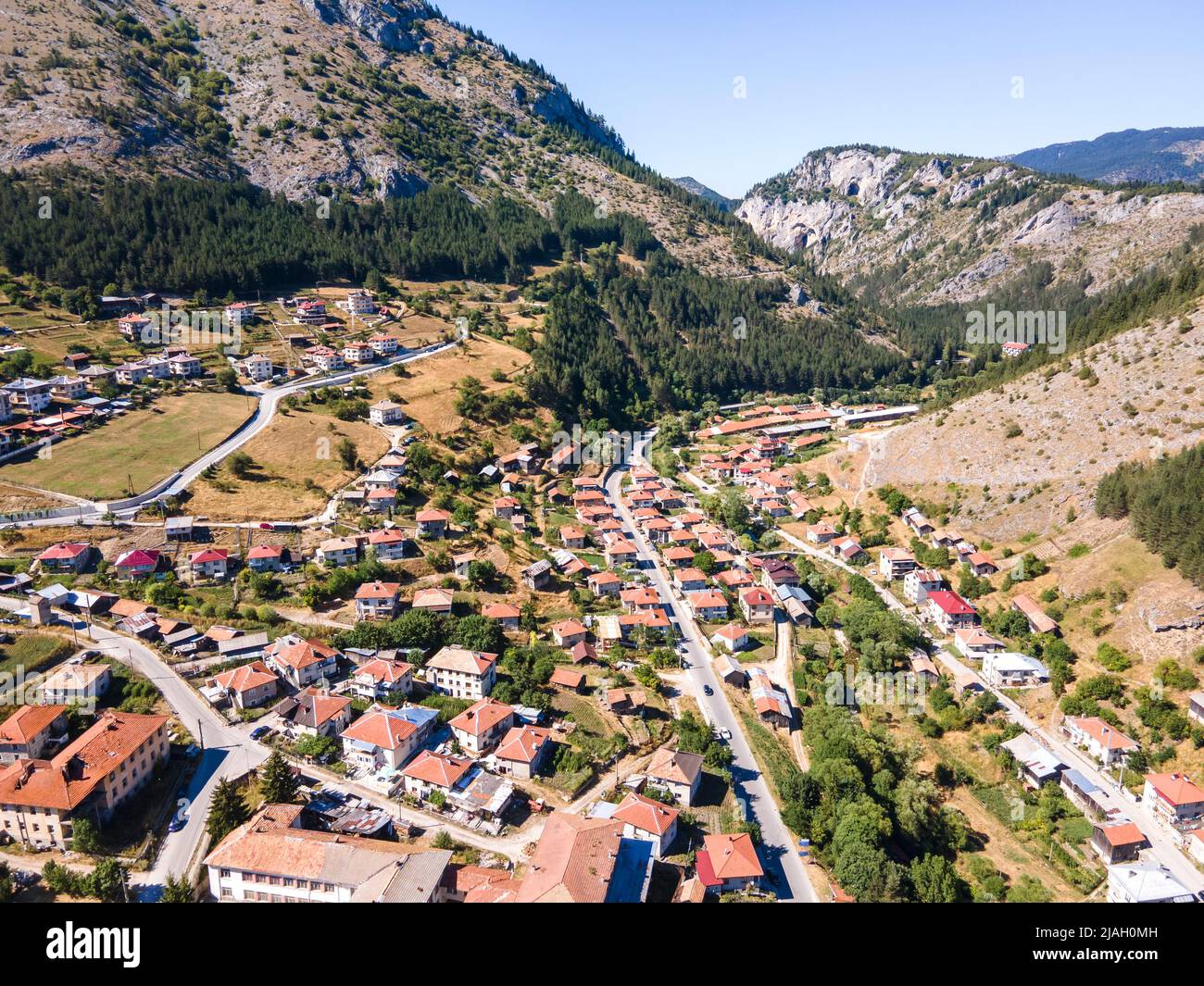 Aerial view of village of Trigrad, Smolyan Region, Bulgaria Stock Photo ...