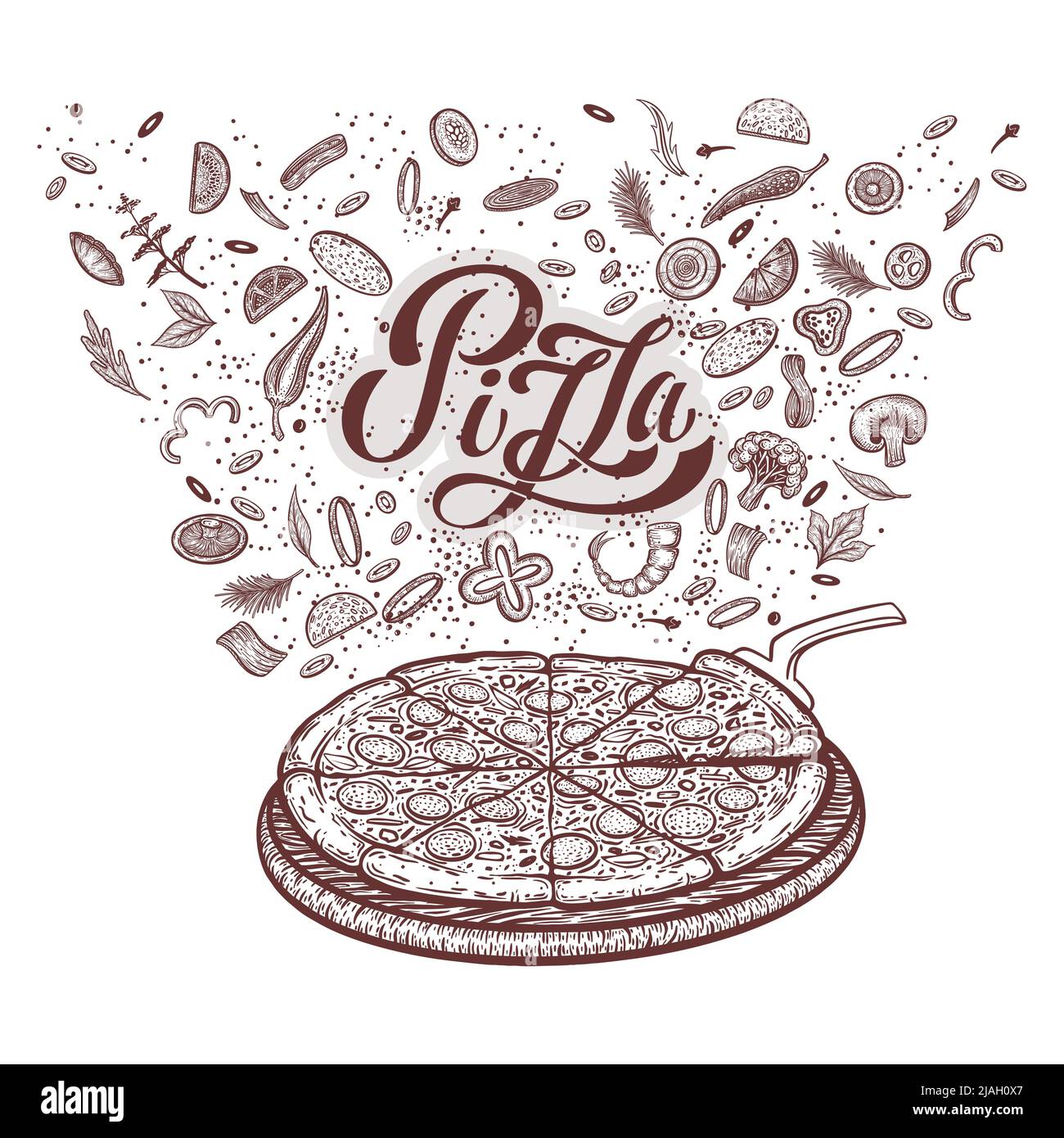 Pizza and ingredients. Hand drawn pizzeria menu template. Set of ...