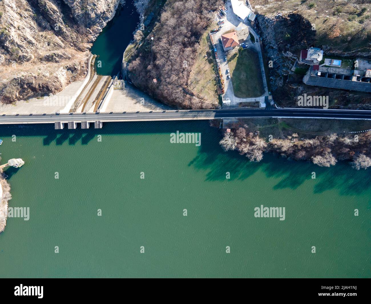 Aerial view of dam of Krichim Reservoir, Rhodopes Mountain, Plovdiv ...