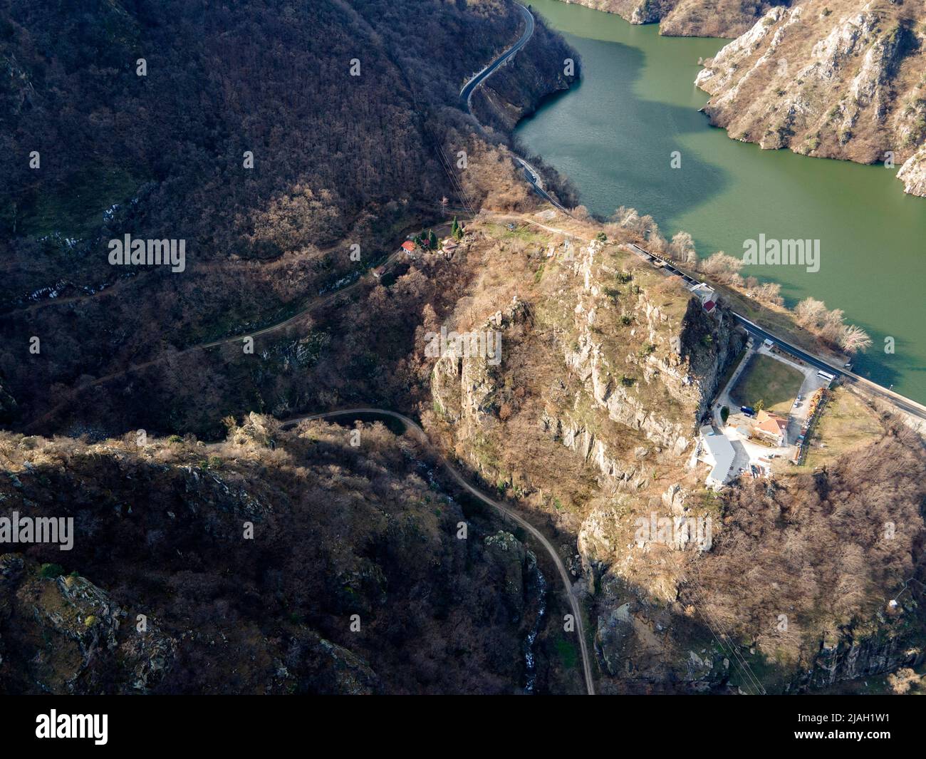 Aerial view of dam of Krichim Reservoir, Rhodopes Mountain, Plovdiv ...