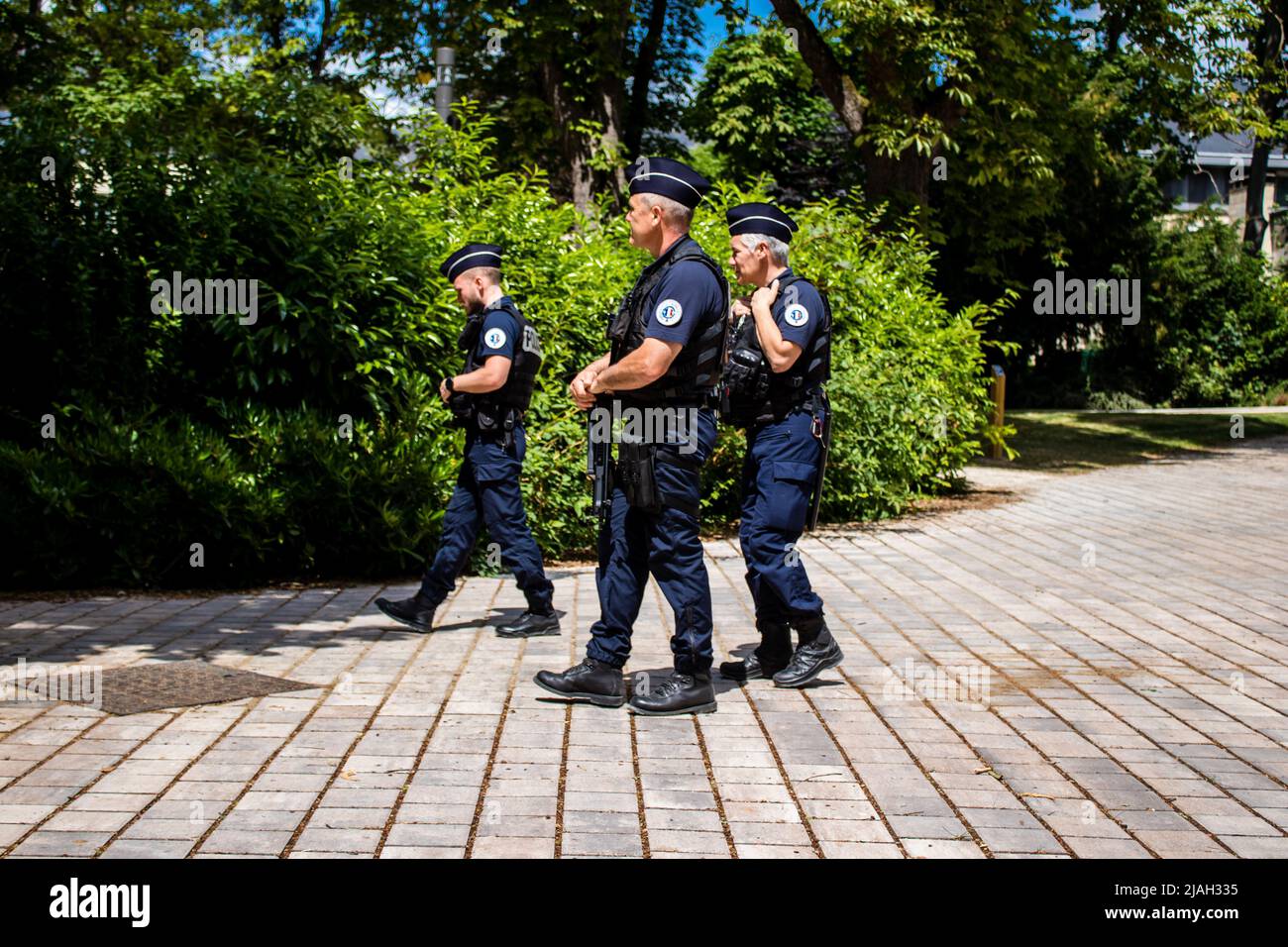 Reims, France - May 28, 2022 Police officers protecting the medieval ...