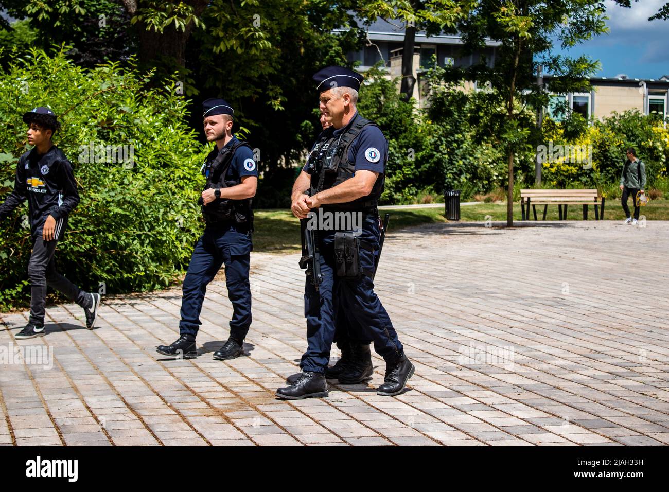 Reims, France - May 28, 2022 Police officers protecting the medieval ...