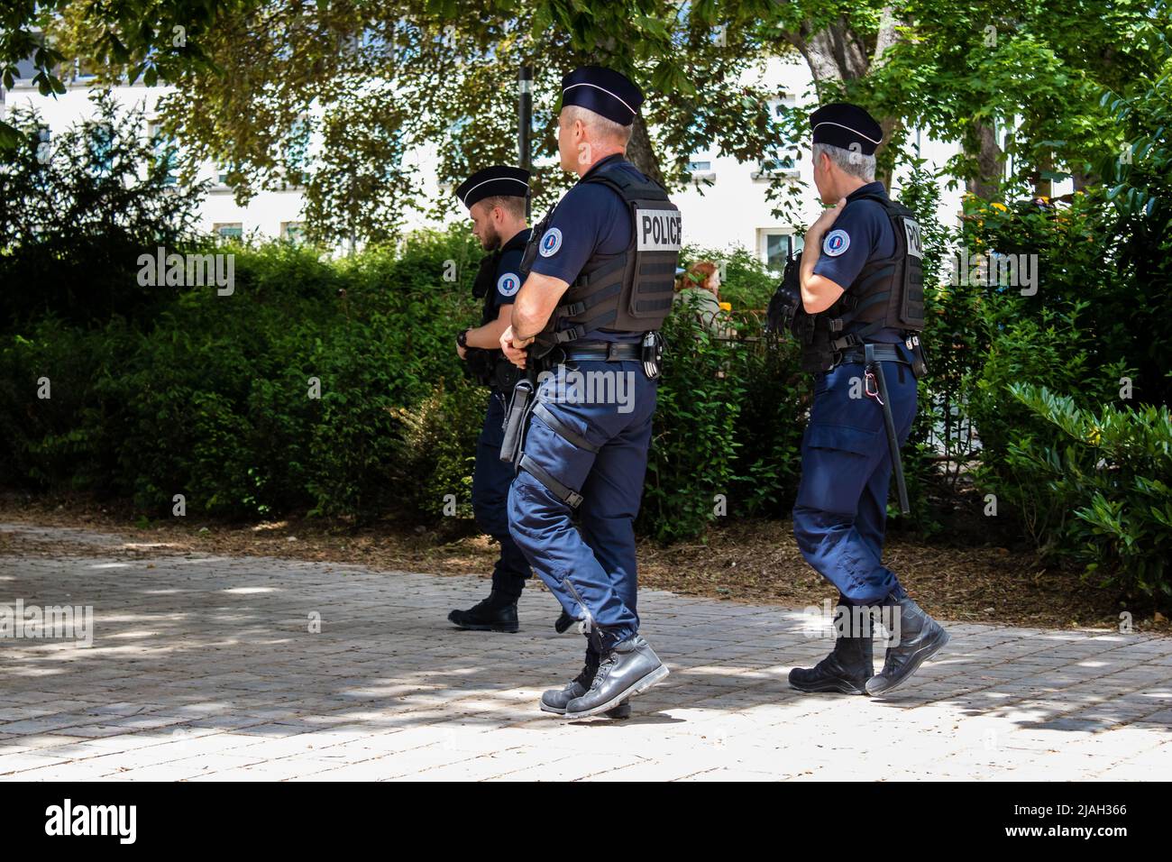 Reims, France - May 28, 2022 Police officers protecting the medieval ...