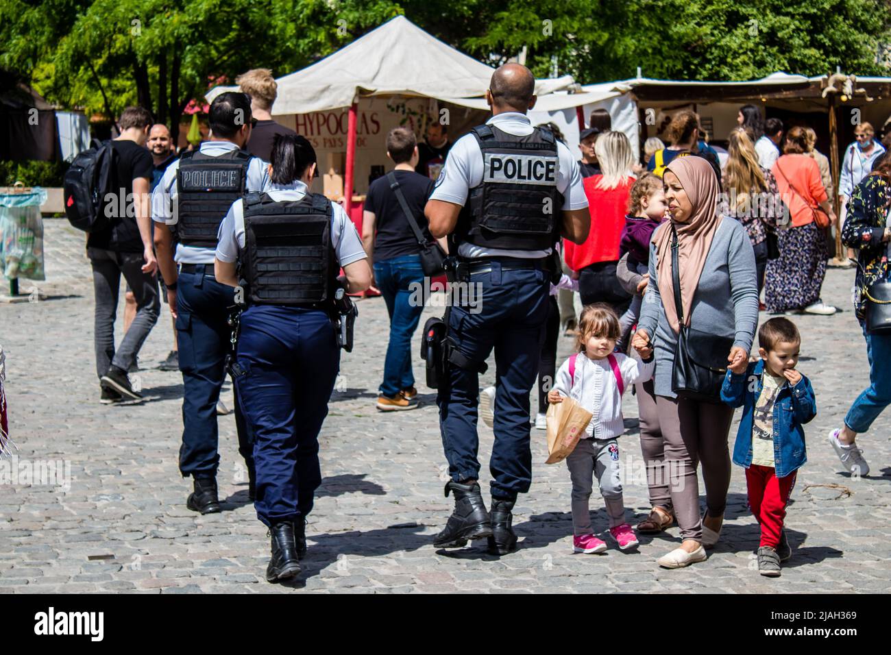 Reims, France - May 28, 2022 Police officers protecting the medieval ...