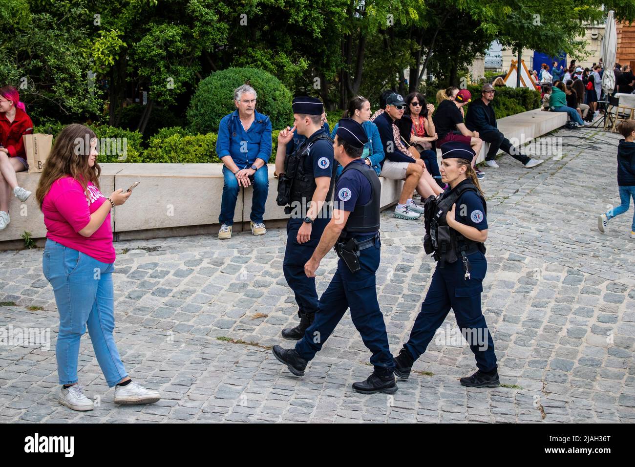 Reims, France - May 28, 2022 Police officers protecting the medieval ...