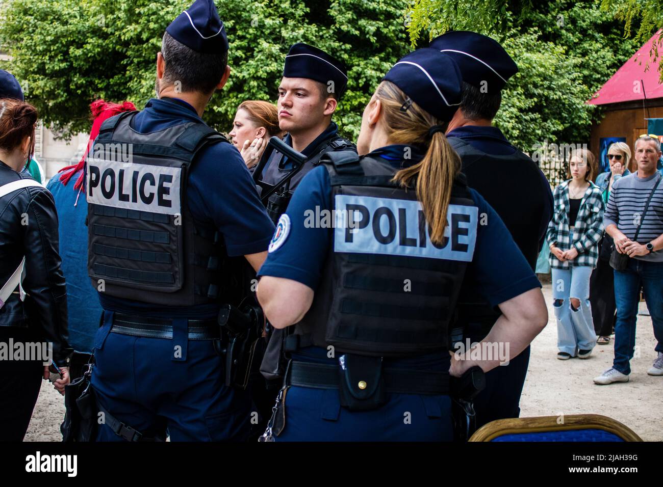 Reims, France - May 28, 2022 Police officers protecting the medieval ...