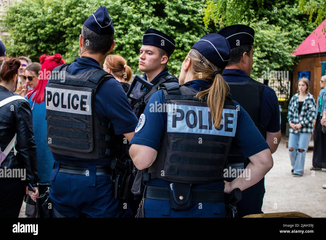 Reims, France - May 28, 2022 Police officers protecting the medieval ...