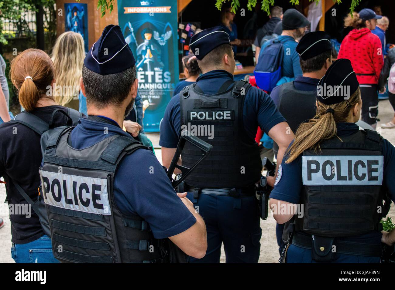 Reims, France - May 28, 2022 Police officers protecting the medieval ...