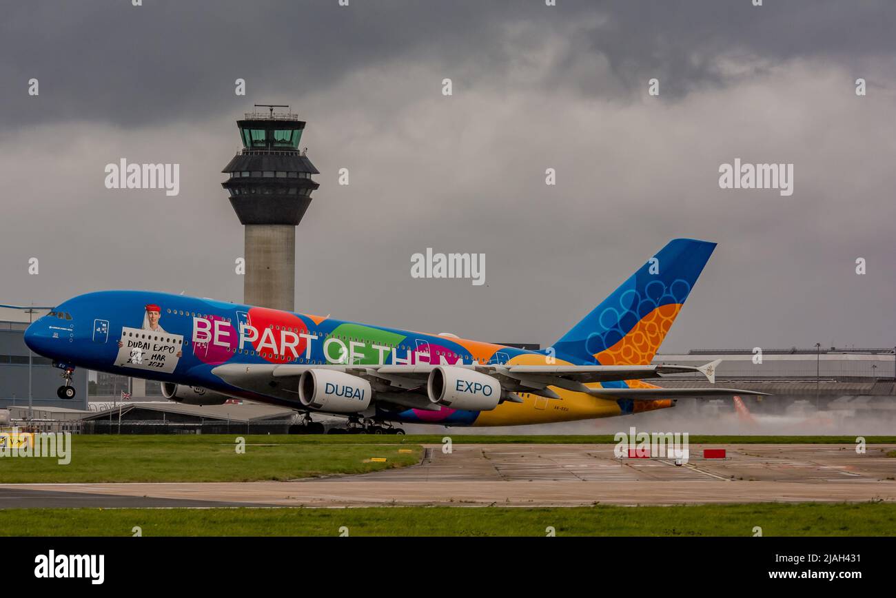 The mighty A380 Emirates expo colourful plane Stock Photo - Alamy
