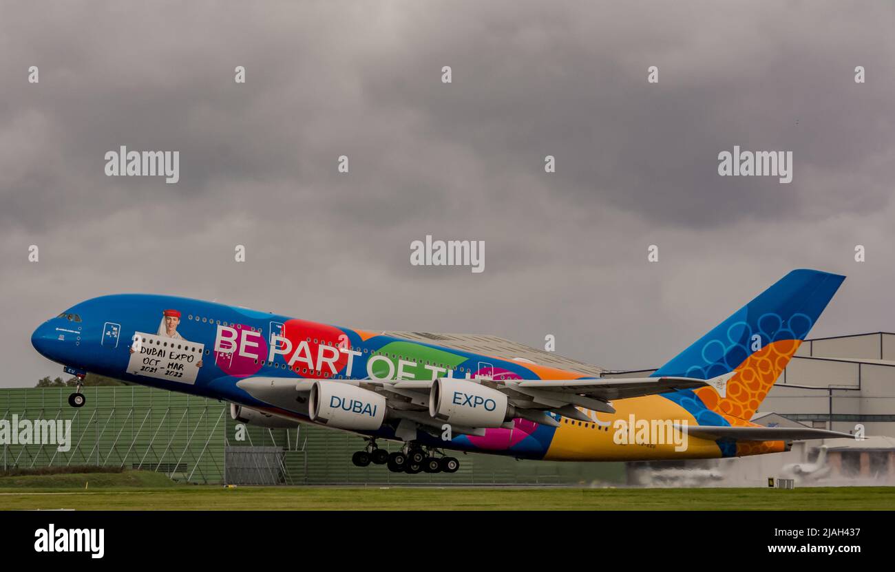 The mighty A380 Emirates expo colourful plane Stock Photo - Alamy