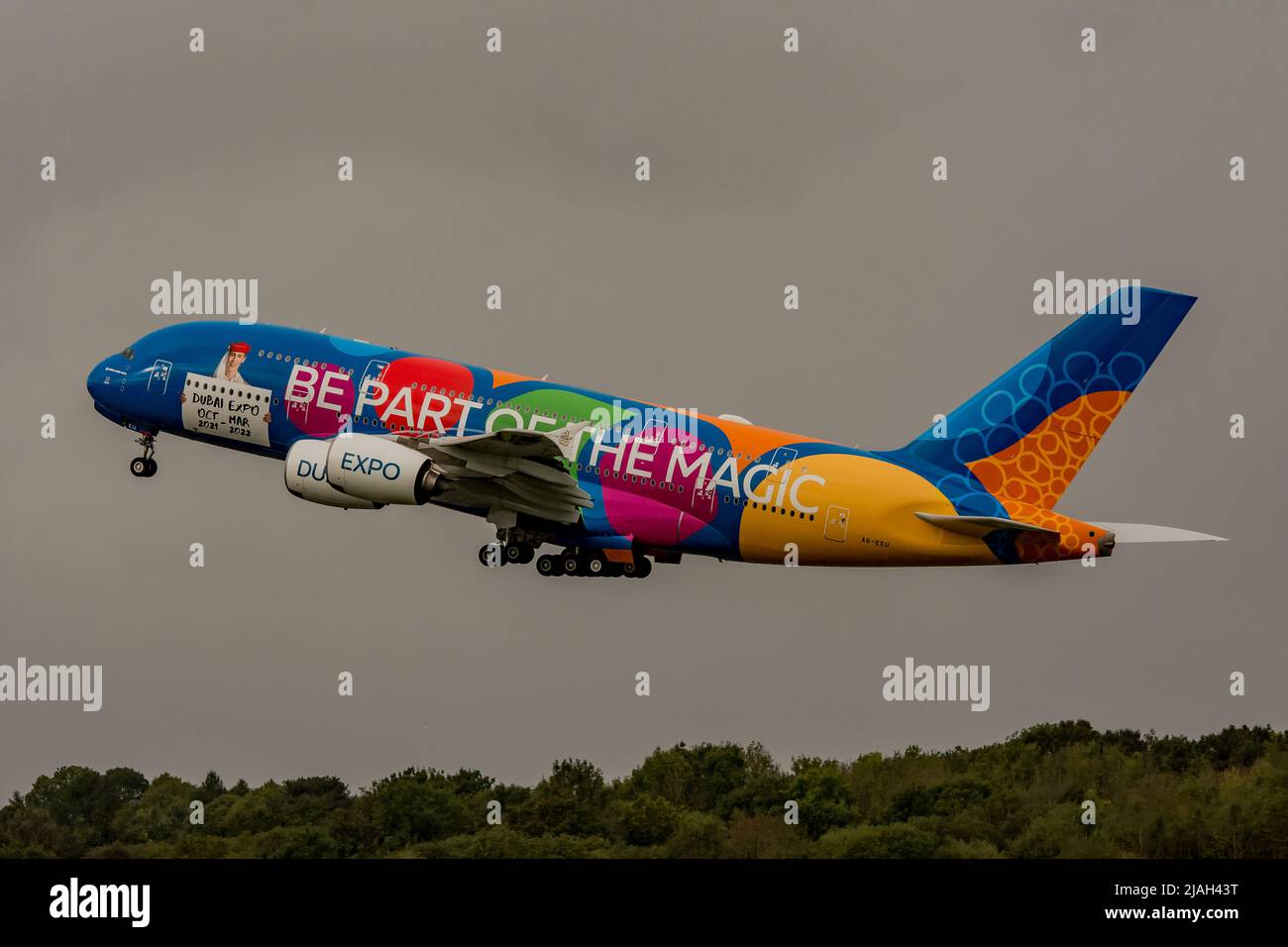 The mighty A380 Emirates expo colourful plane Stock Photo - Alamy