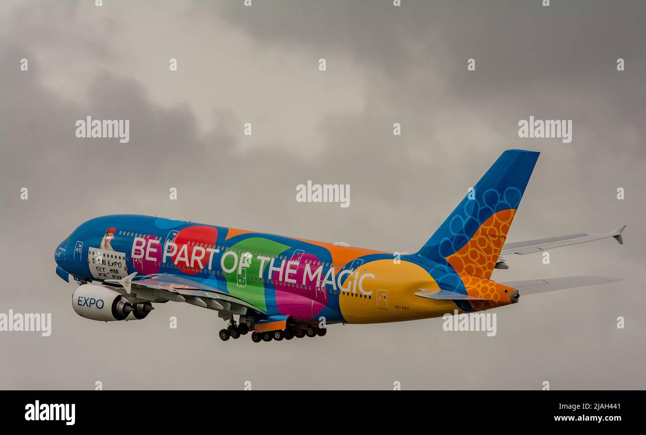 The mighty A380 Emirates expo colourful plane Stock Photo - Alamy
