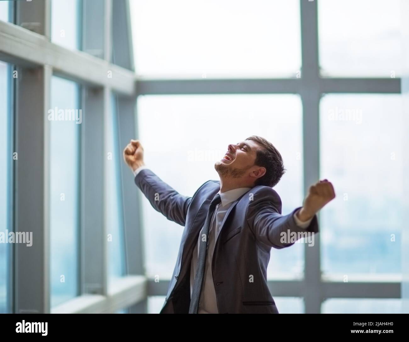 Successful businessman with arms up celebrating his victory Stock Photo ...