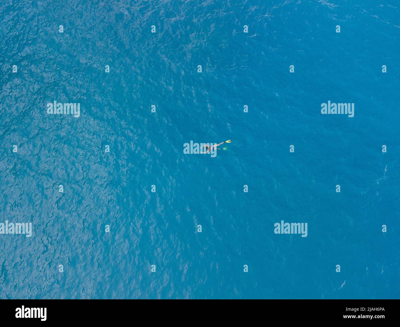 overhead view of woman swimming in flippers in blue sea water Stock ...