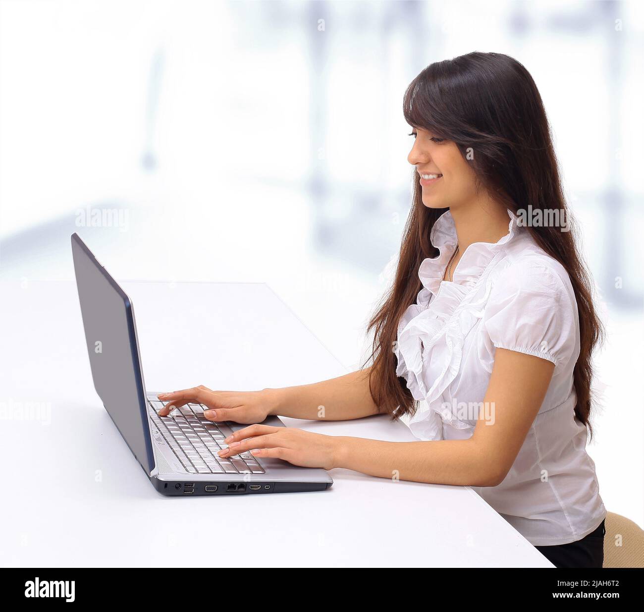 The beautiful business woman with the computer Stock Photo - Alamy