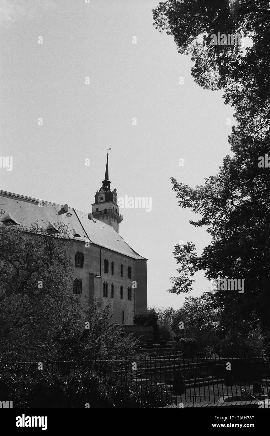 Castel watchtower, bright sky in the background, tree branches in the ...