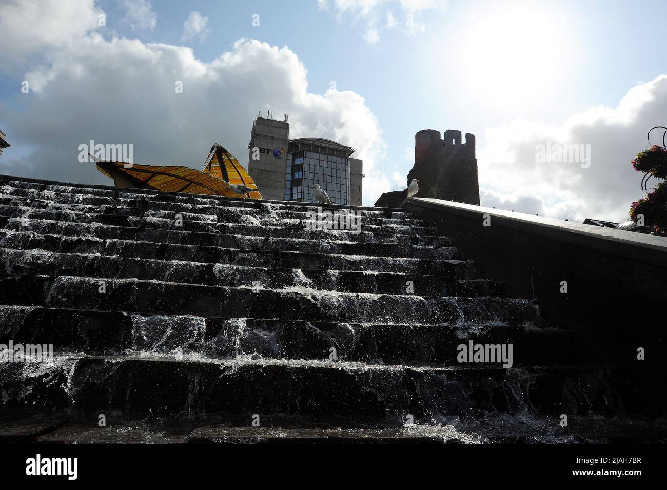 The cascade in Castle Square with the Castle and BT Tower beyond Stock ...
