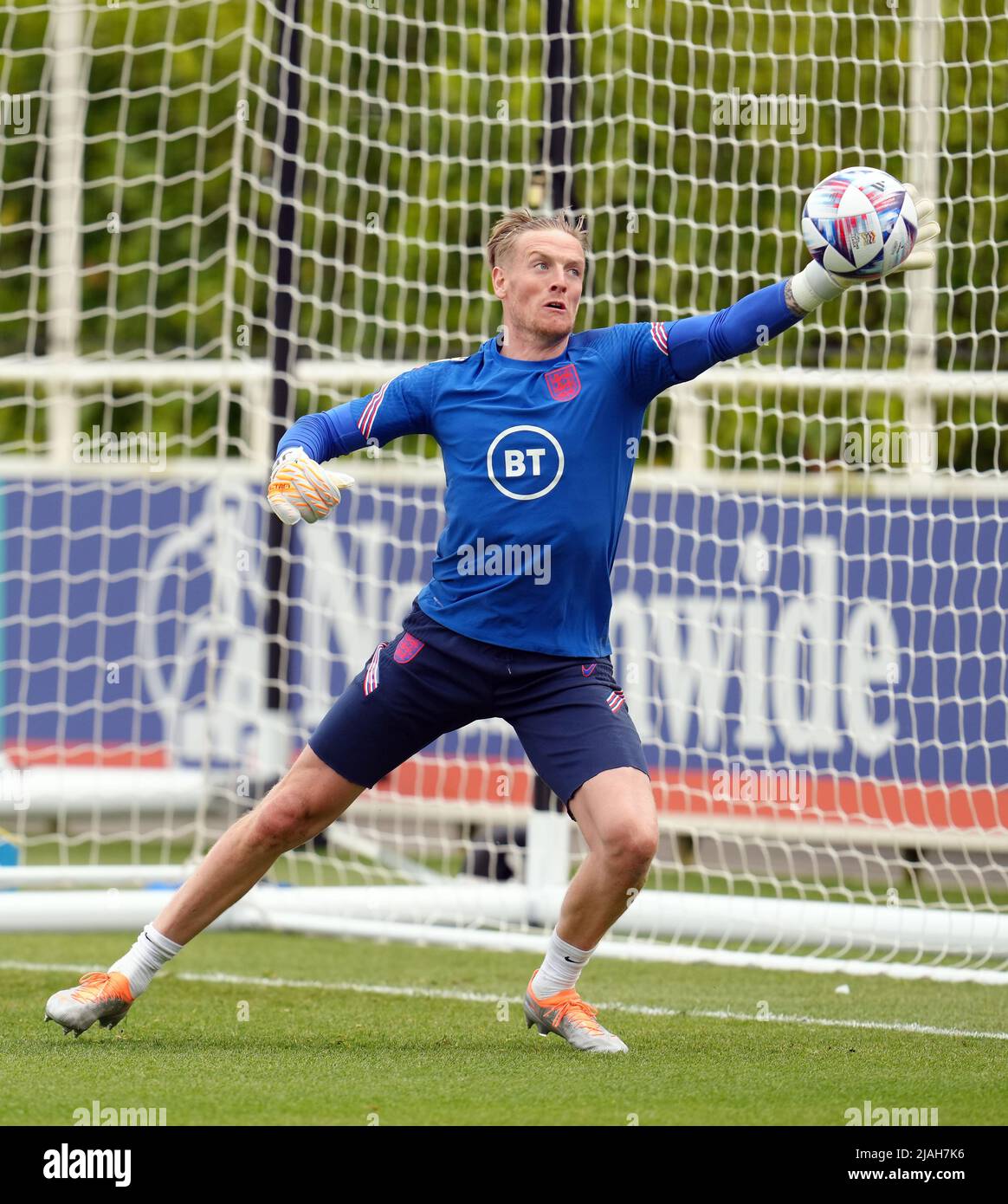 England goalkeeper Jordan Pickford during a training session at St ...