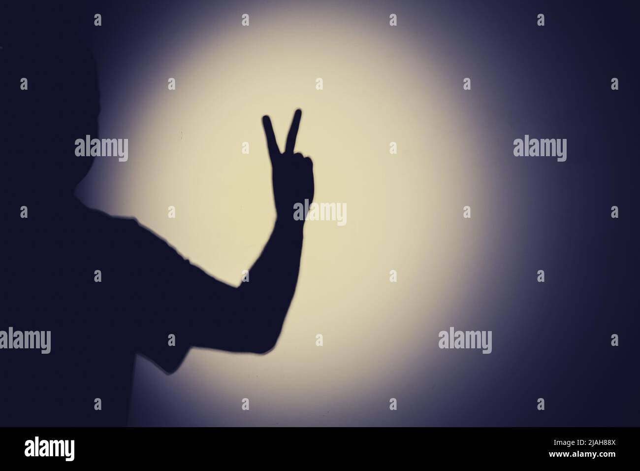 Shadow of a hand from the night light of a flashlight on a white wall ...